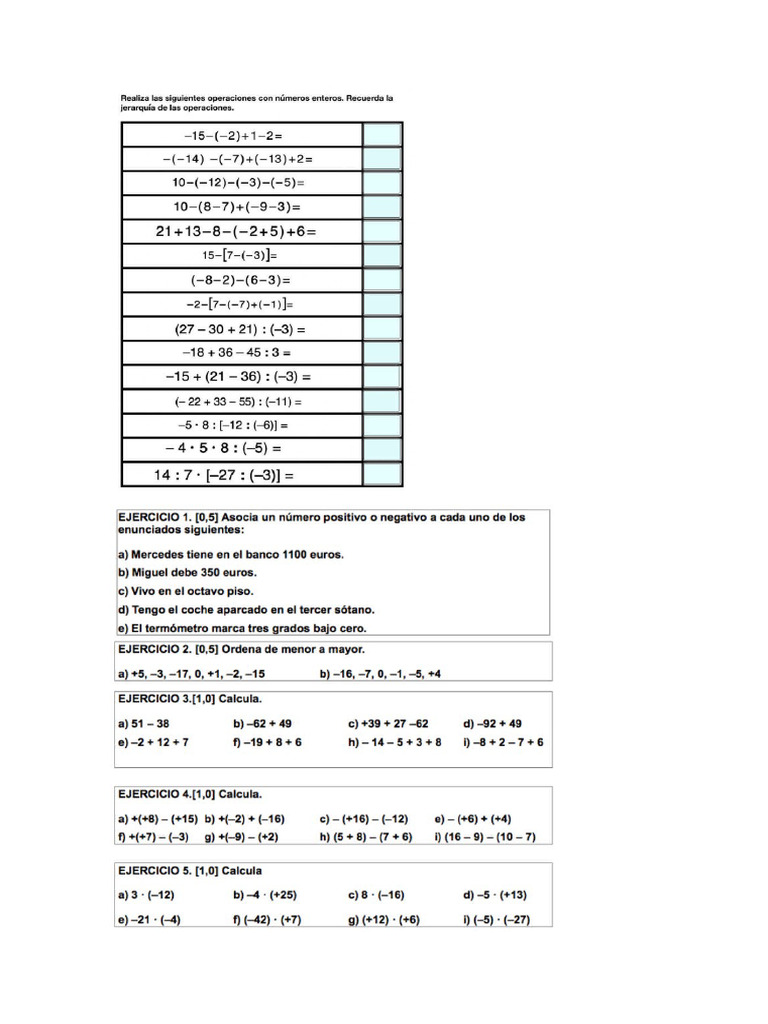 Hoja Números Enteros 2 | PDF