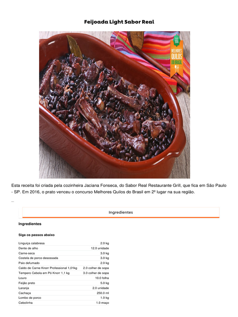 Feijoada Light Sabor Real - Receita | PDF | Alimentos | Culinária