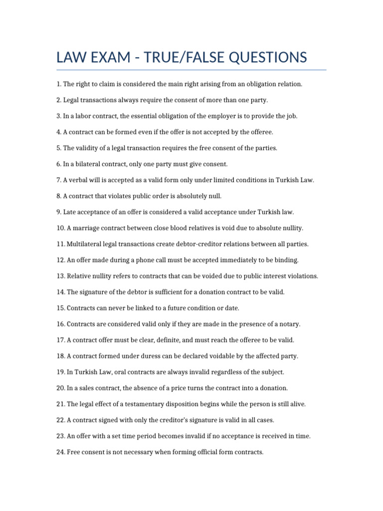 Law Exam 50 TrueFalse Questions | PDF | Offer And Acceptance | Annulment