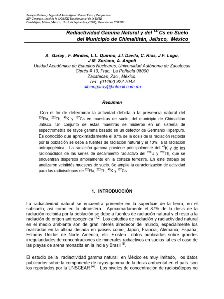 Radiactividad Gamma Natural y Del Cs en Suelo Del Municipio de ...