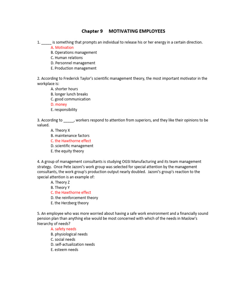 Sample MCQs For Chapter 9 With Answers | PDF | Motivational | Motivation