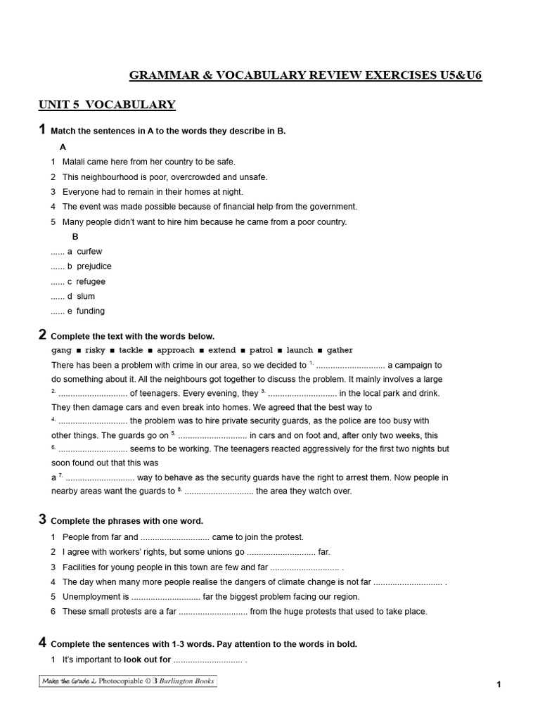 Grammar and Vocabulary Review U5&U6 | PDF | Sentence (Linguistics ...