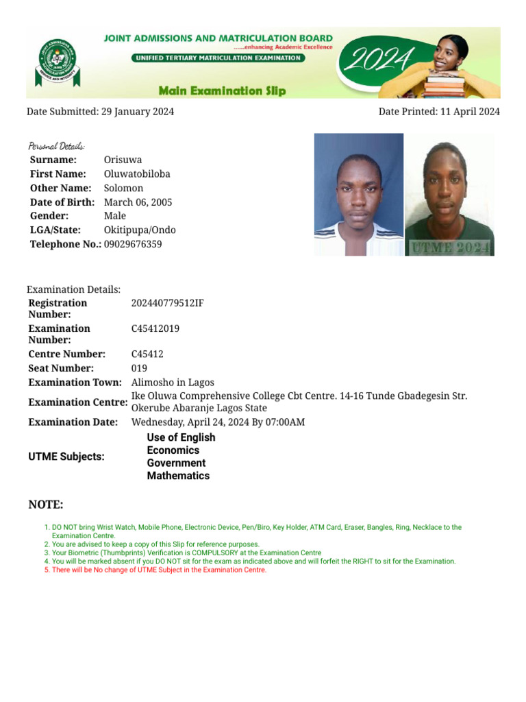 Slipsprinting.jamb.Gov.ng ShowReport | PDF