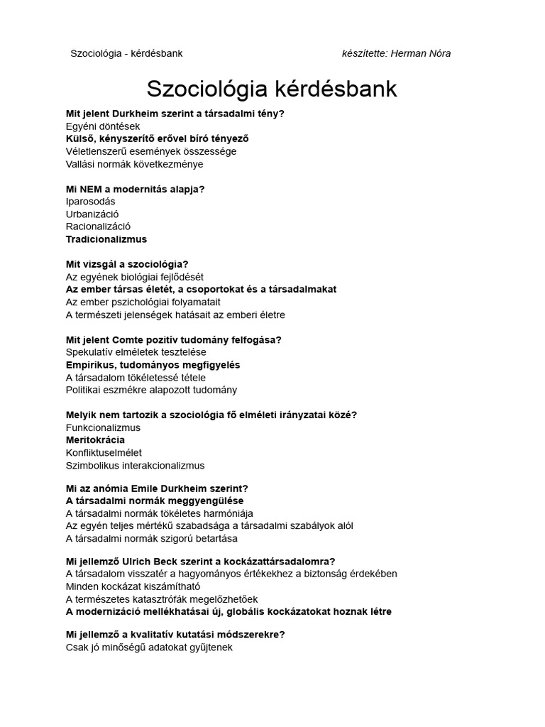 Szociológia Kérdésbank | PDF