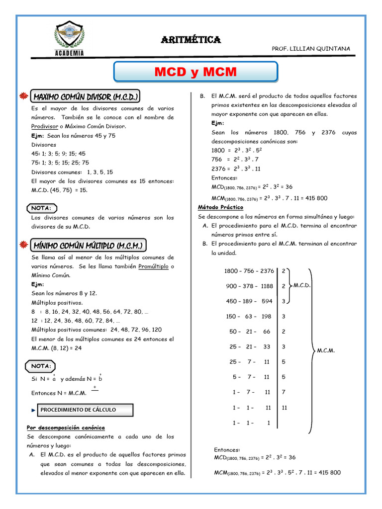 MCD y MCM - Aritmética | PDF | Matemática Elemental | Matemáticas
