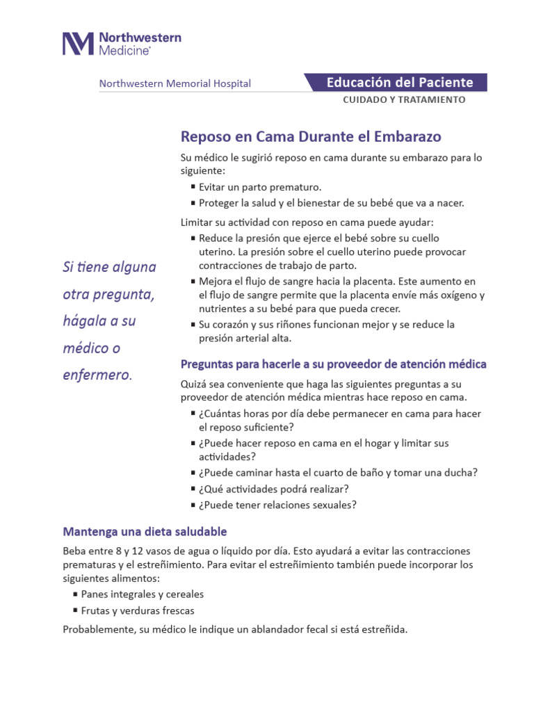 Northwestern Medicine Bedrest During Pregnancy Espanol | PDF | Trombo ...