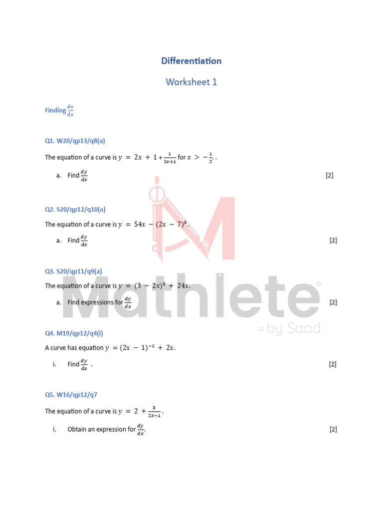 Differentiation Worksheet 1 | PDF