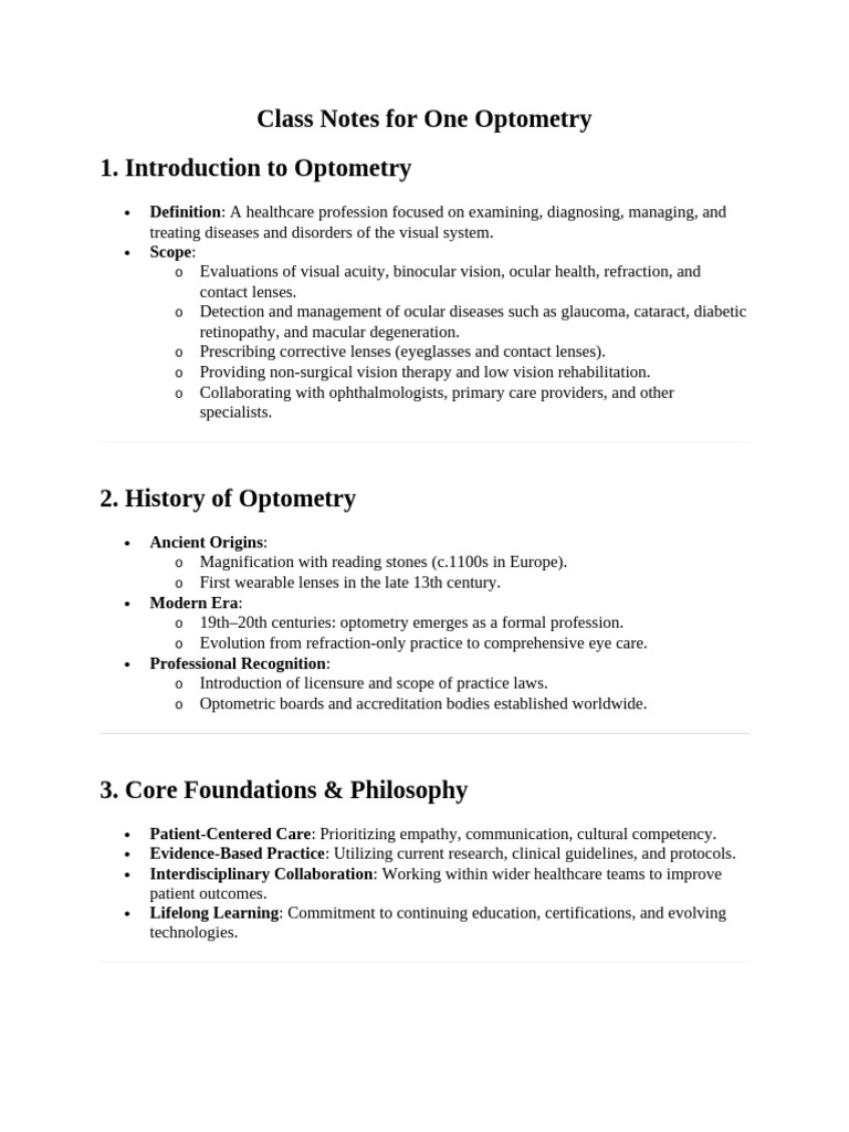 Class Notes For Class #1 One On Optometry | PDF | Optometry | Visual Acuity