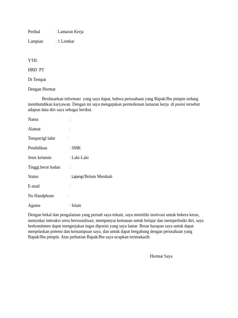 Surat Lamaran Kerja Fresh Graduate | PDF