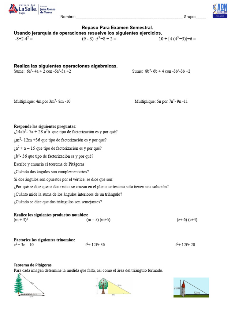 Repaso de Matemáticas para Examen Semestral | PDF