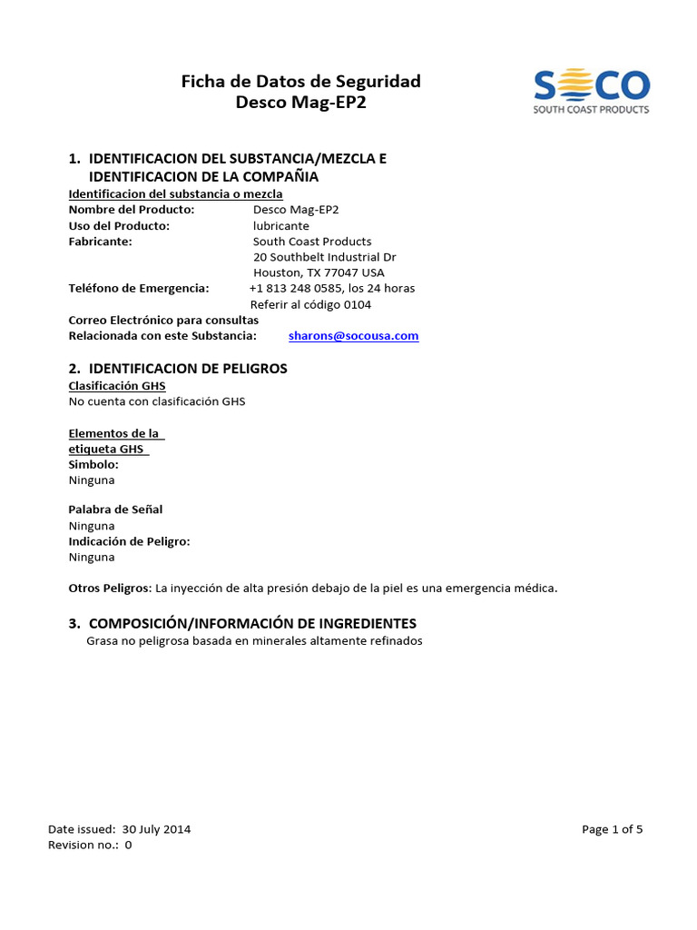 MSDS Desco Mag-EP2 Grasa de Cutters | PDF | Toxicidad | Agua