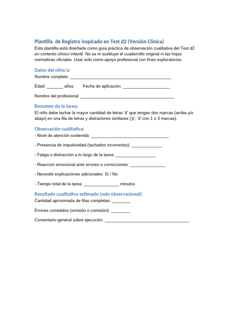 Plantilla Test d2 Clinico | PDF