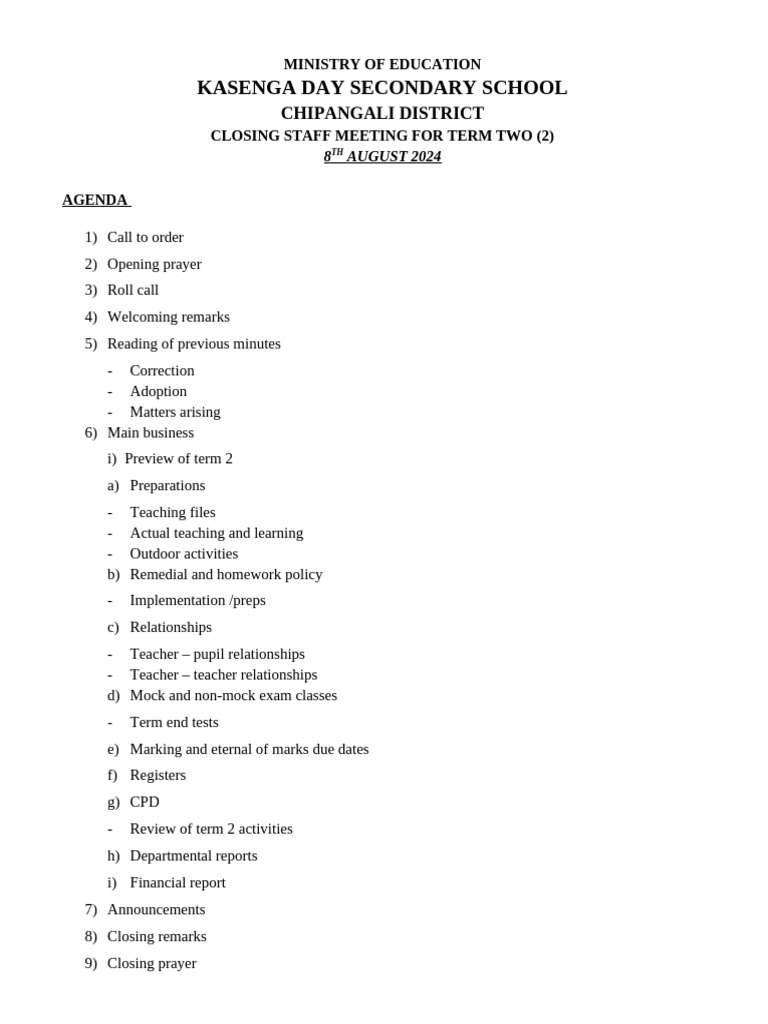 Closing Staff Meeting Minutes | PDF | Teachers | Homework