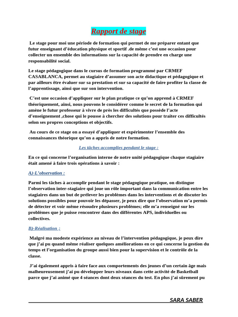 Rapport de stage en EPS | PDF | Pédagogie | Apprentissage