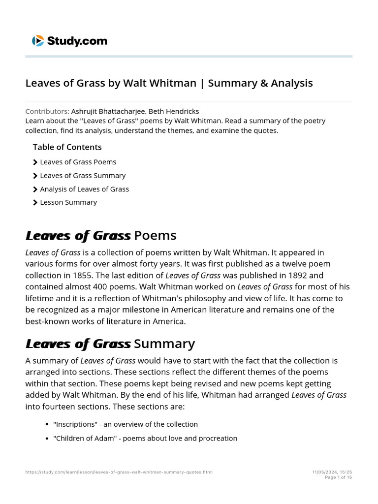 Leaves of Grass by Walt Whitman - Summary & Analysis | PDF | Leaves Of ...