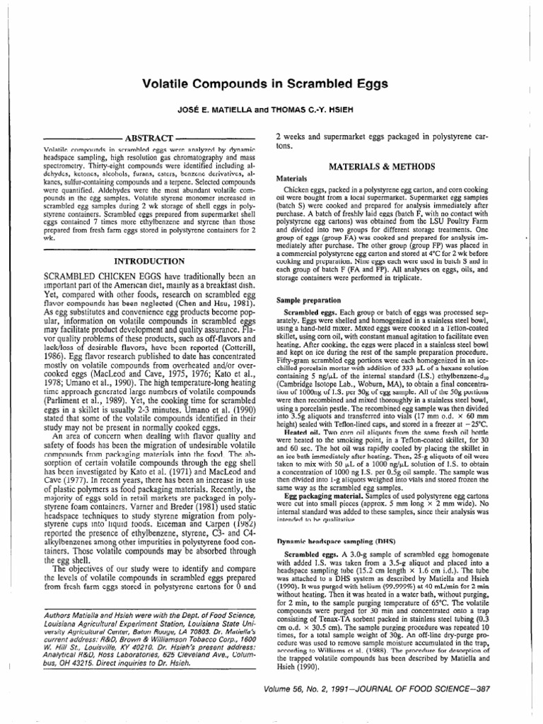 Journal of Food Science - March 1991 - MATIELLA - Volatile Compounds in Scrambled Eggs | PDF ...