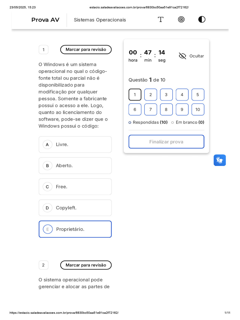Prova AV Sistemas Operacionais | PDF | Armazenamento de dados de computador | Sistema operacional