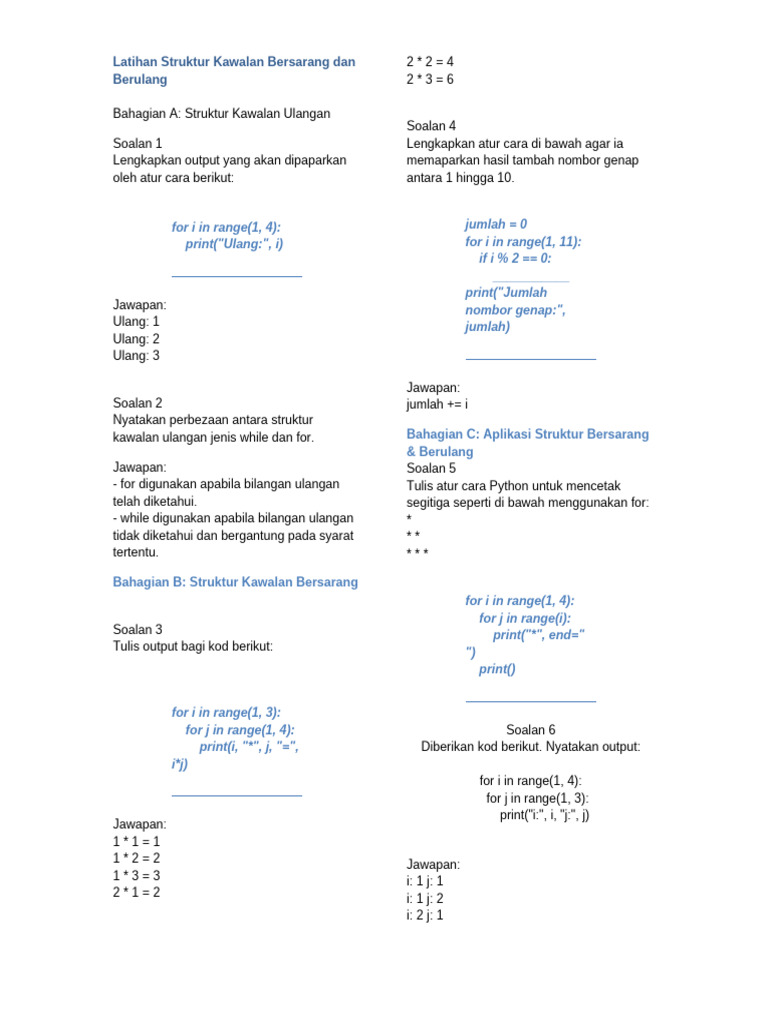 Latihan Struktur Kawalan Bersarang Dan Berulang Tingkatan 2 | PDF