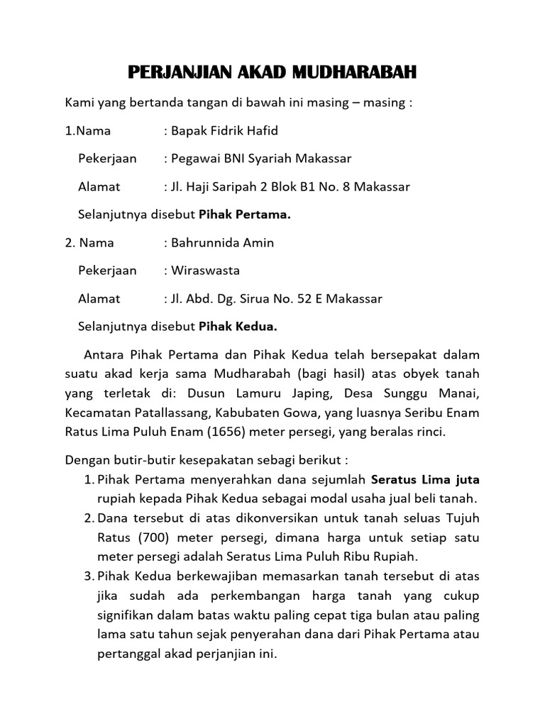 Contoh Perjanjian Mudharabah Tanah | PDF
