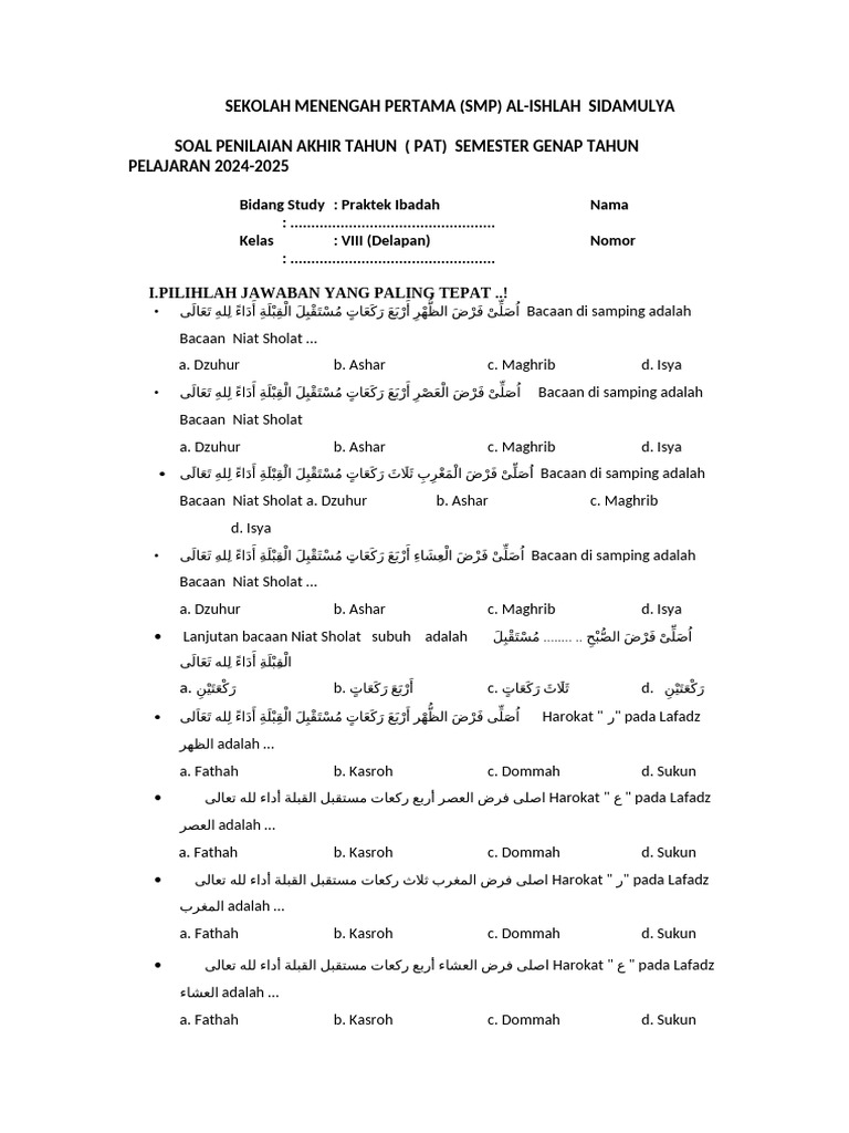 Soal P.ibadah 8 SMP Ai 2023 | PDF