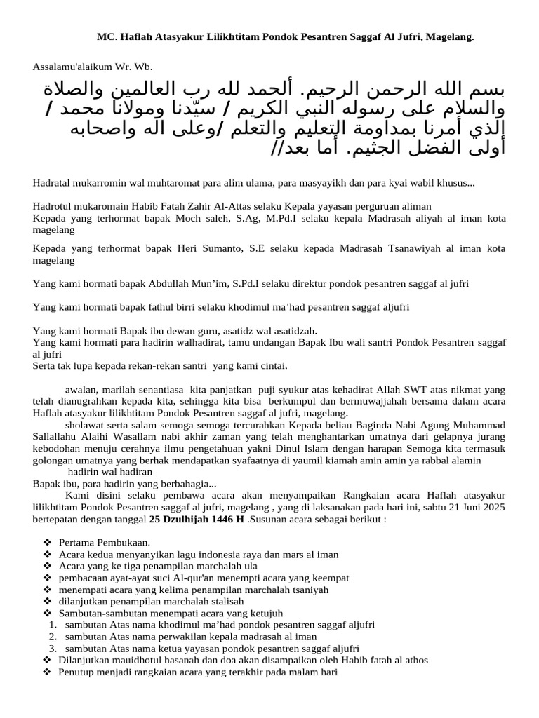 MC. Haflah Atasyakur Lilikhtitam Pondok Pesantren Saggaf Al Jufri, Magelang | PDF
