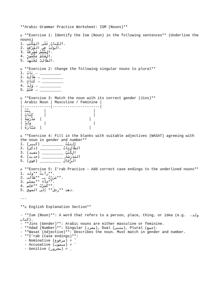 Arabic Ism Grammar Worksheet | PDF