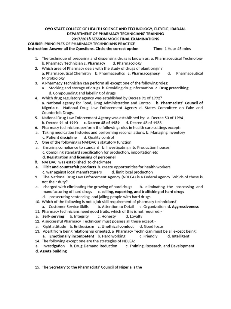 Oyo State Pharmacy Technician Mock Exam | PDF | Pharmacy | Medical ...