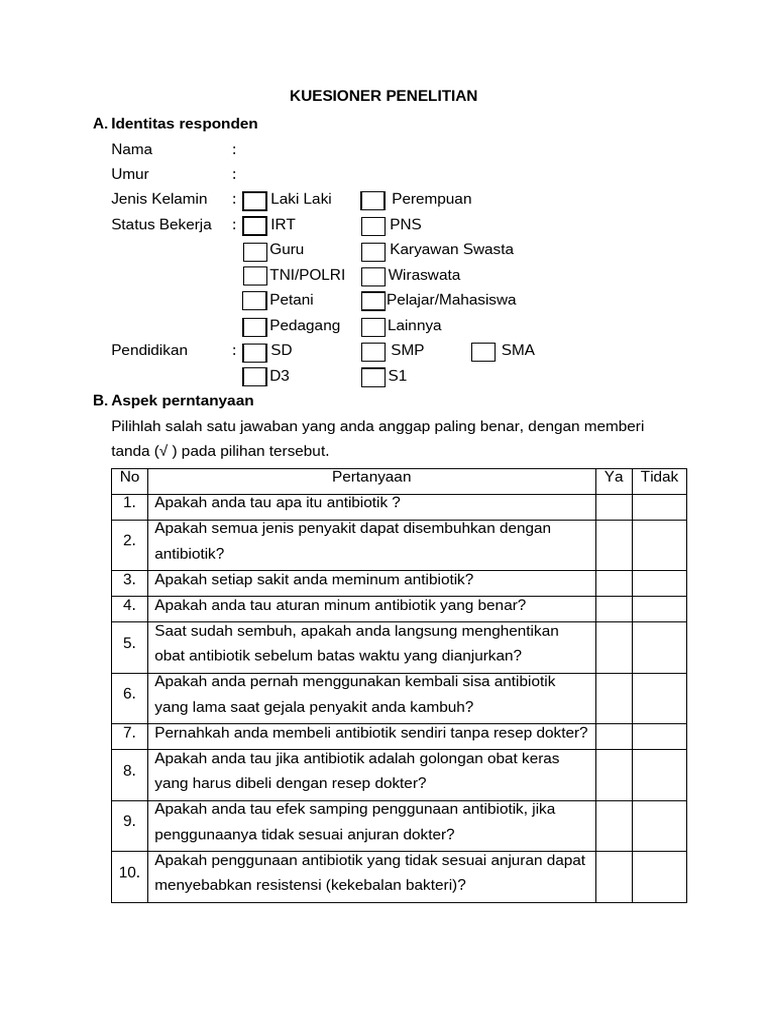Kuesioner Pengetahuan Antibiotik Pasien | PDF