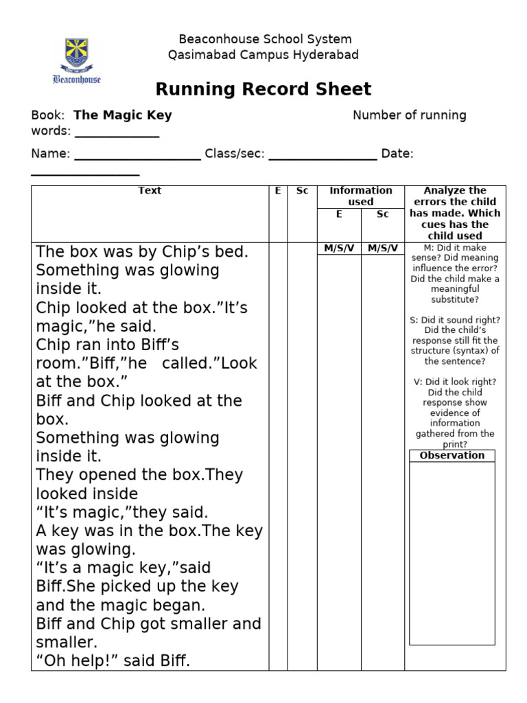 Running Record Sheet for Reading Assessment | PDF | Grammar | Cognitive ...