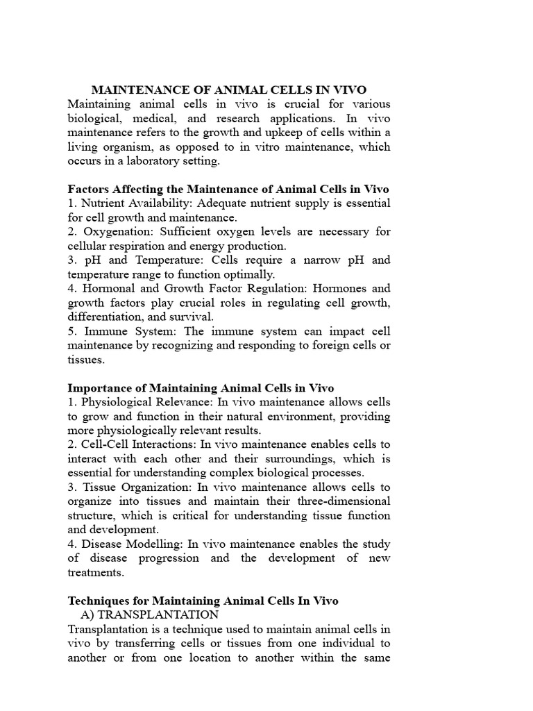In Vivo Maintenance of Animal Cells | PDF | Medical Imaging | Tissue ...