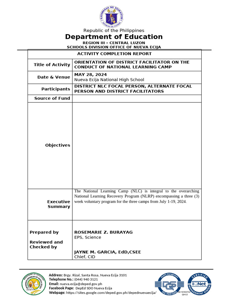 Activity Completion Report Template | PDF