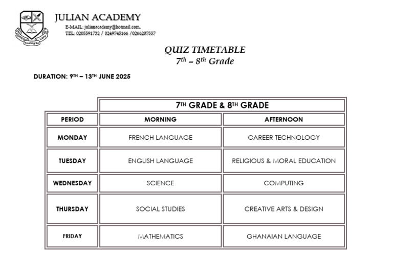 7th-8th Grade Quiz Timetable 2025 | PDF