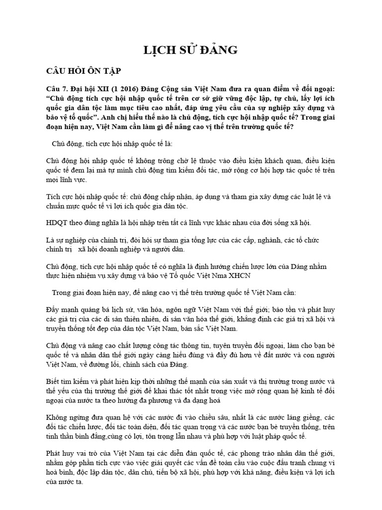 Cau Hoi On Tap Lich Su Dang Cong San Viet Nam Dai Hoc Khoa Hoc Xa Hoi 81551 | PDF