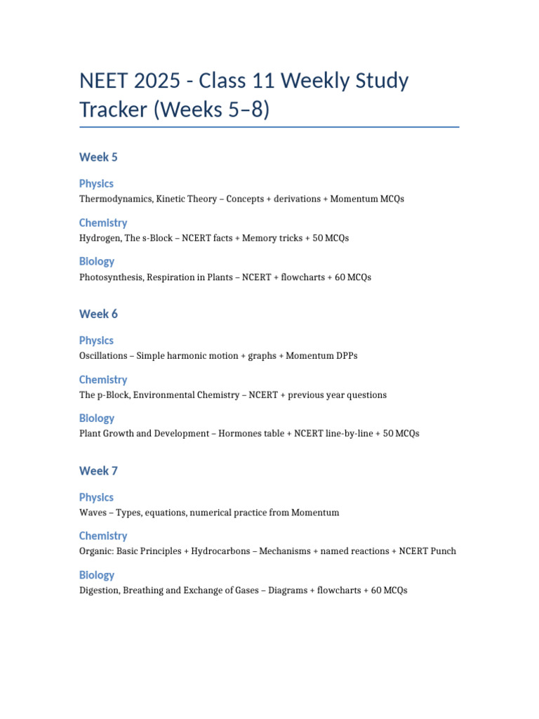 NEET 2025 Class11 Weekly Tracker Weeks5 8 | PDF