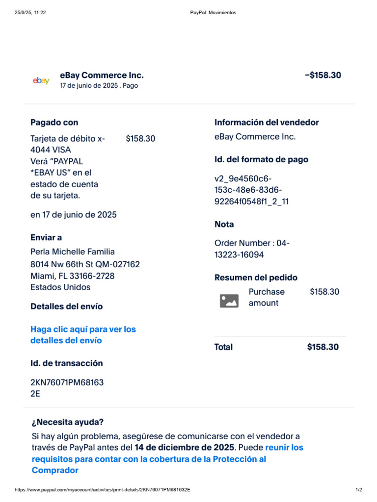 Confirmación de pago eBay $158.30 | PDF