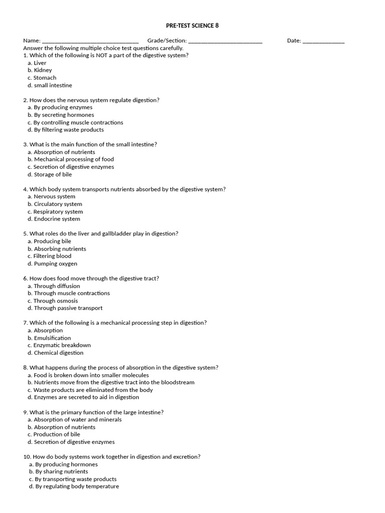 Science 8 Pre-Test: Digestive System | PDF | Digestion | Human ...