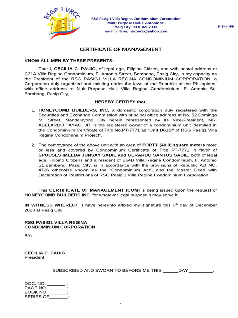 Certificate of Management Mel Sadie | PDF