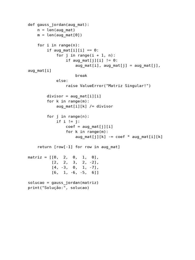 Gauss-Jordan Elimination in Python | PDF