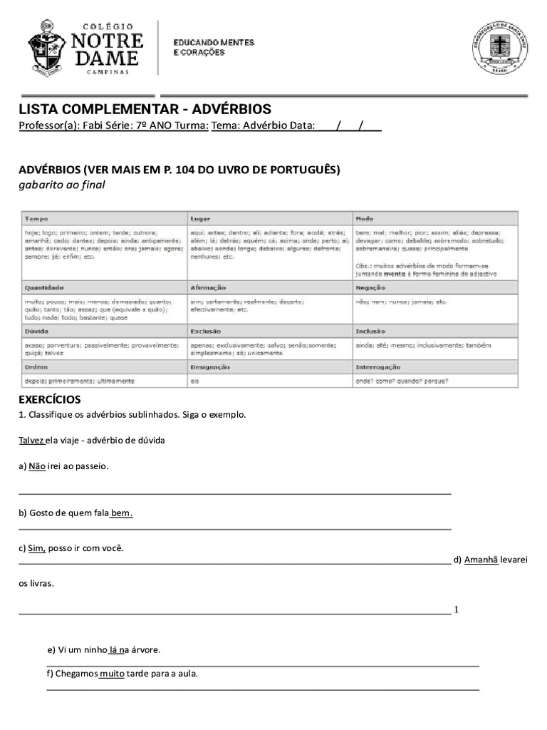 LISTA EXTRA - Advérbios - 7º ANO - Documentos Google | PDF