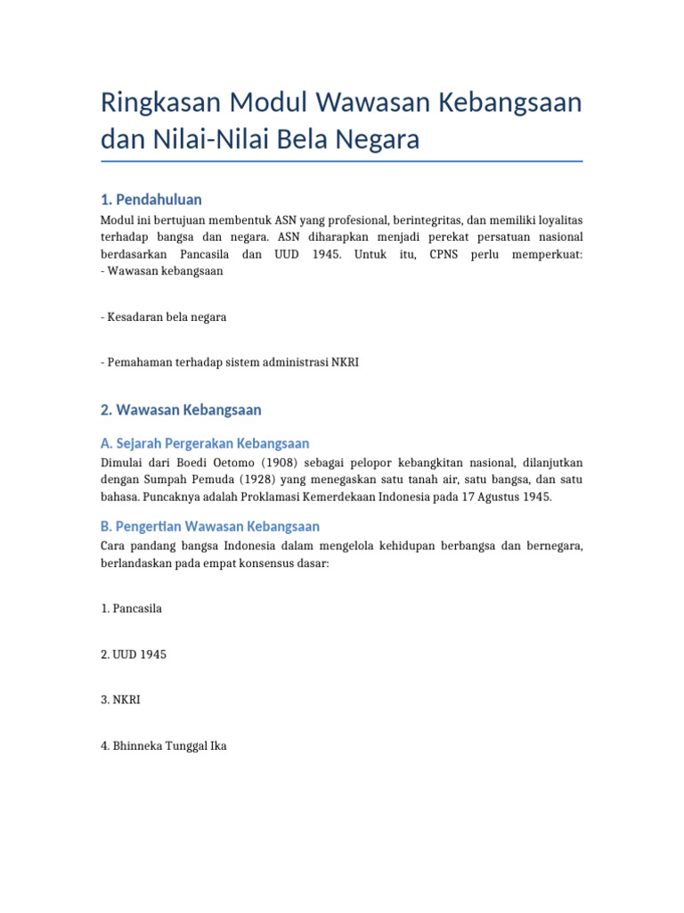 Ringkasan Modul Wawasan Kebangsaan Dan Bela Negara | PDF