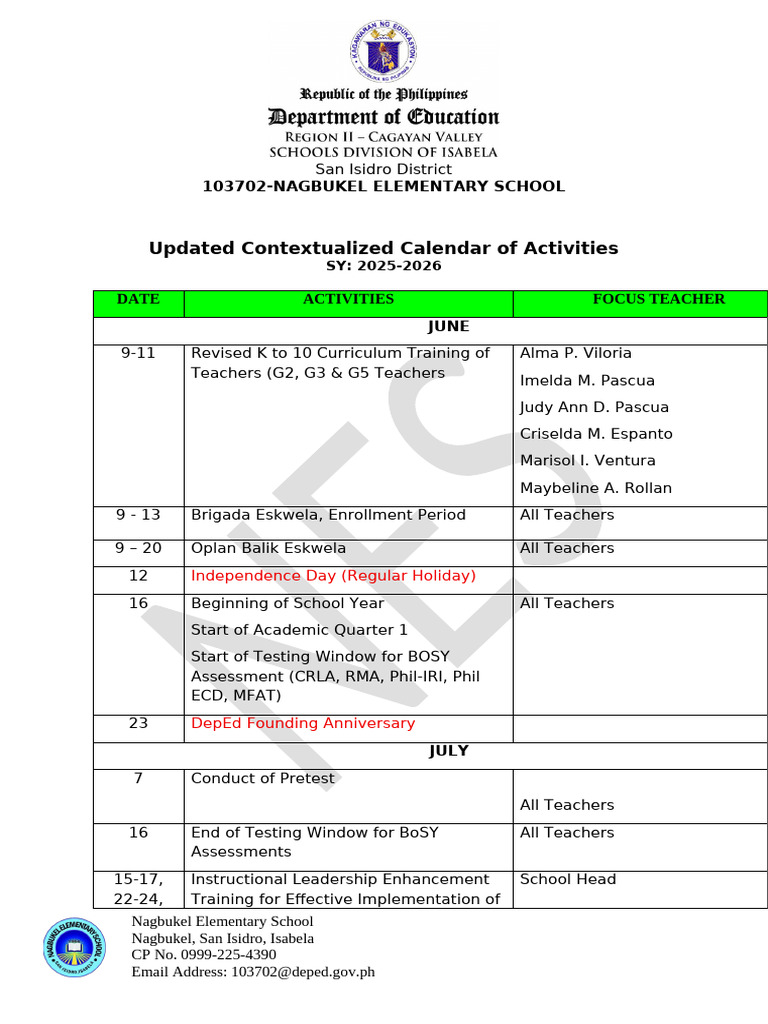 Contextualized School Calendar 2025 2026 | PDF