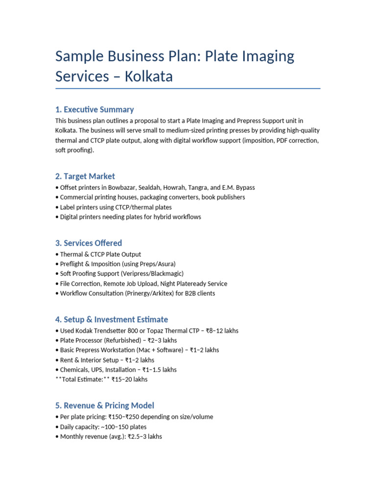 Plate Imaging Business Plan Kolkata | PDF