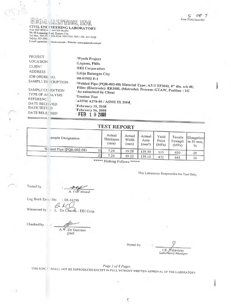 Tensile Test Report 10002 | PDF