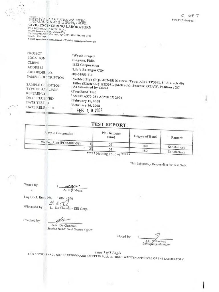 Face Bend Test Report 10003 | PDF