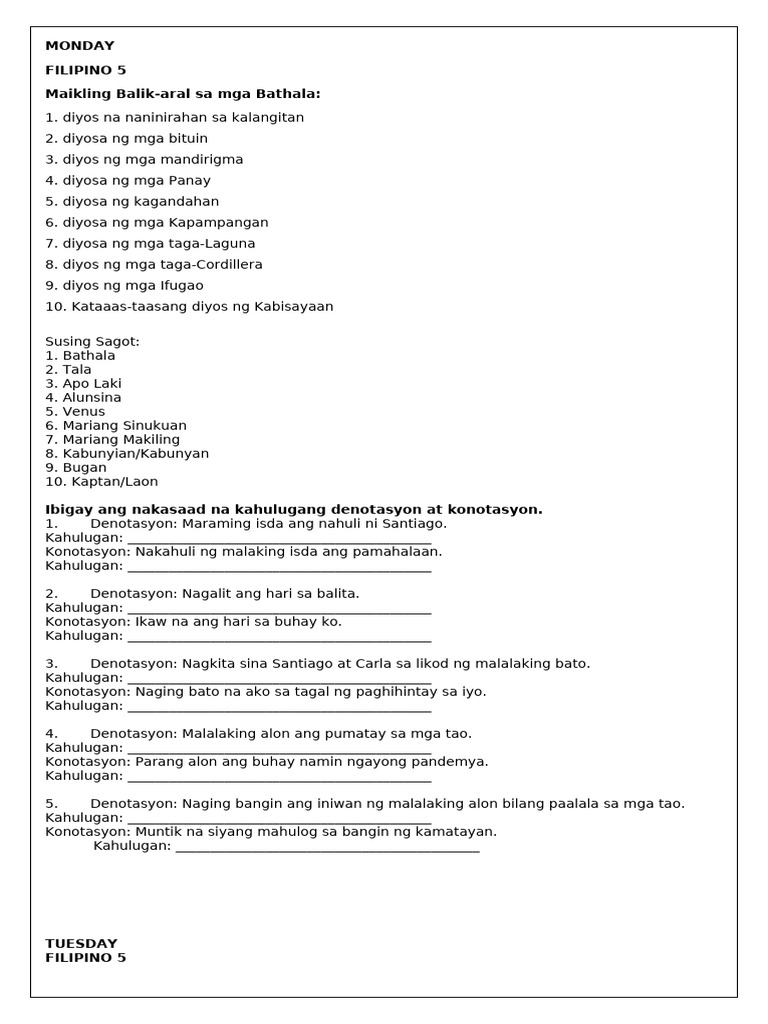 Monday Filipino 5 Maikling Balik-Aral Sa Mga Bathala | PDF