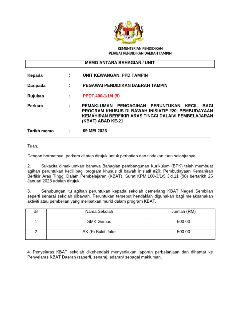 Contoh Memo Agihan Kewangan | PDF