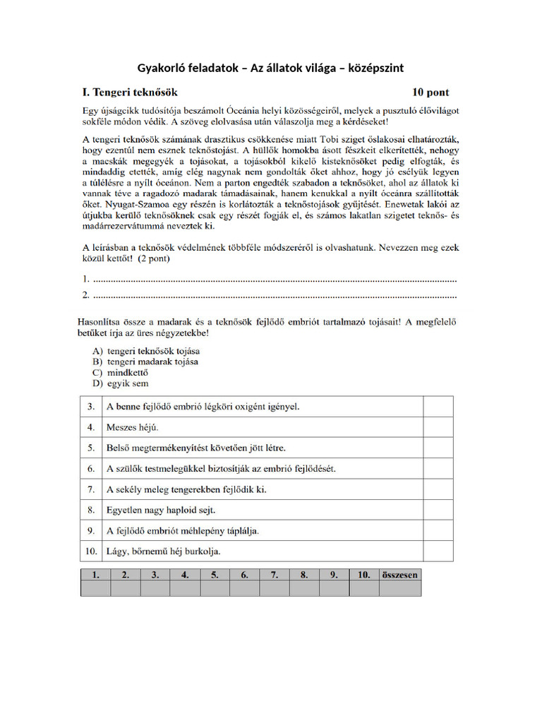 28 Az Állatok - Gyakorló Feladatsor - Megold | PDF