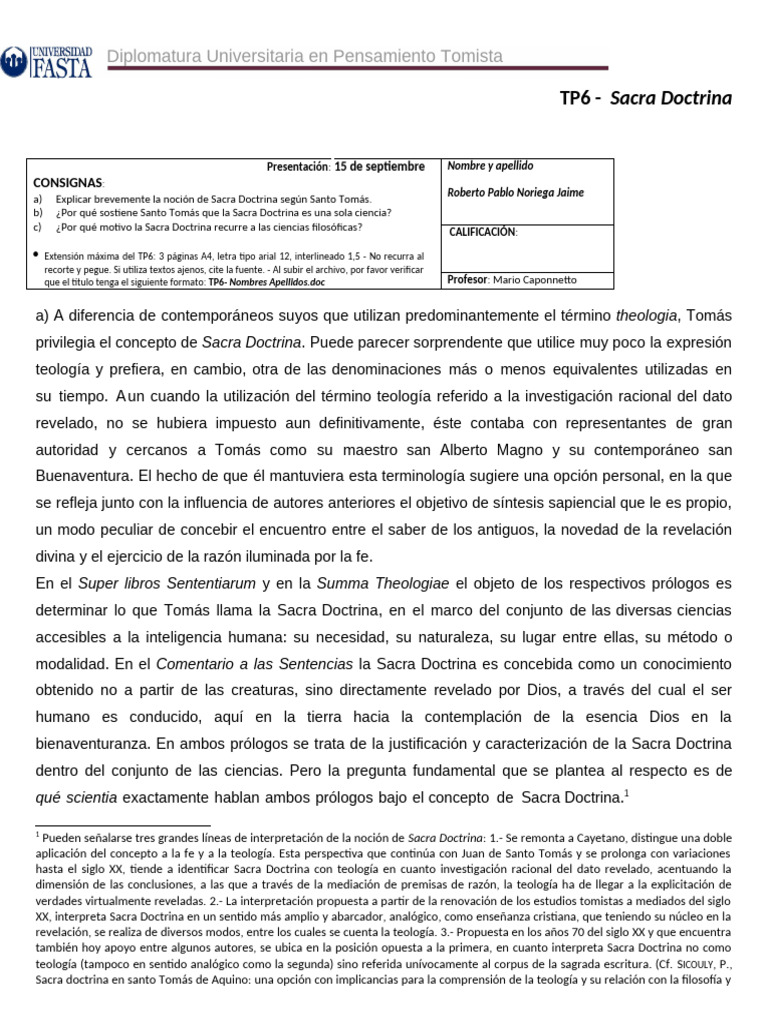 TP6 RobertoPabloNoriegaJaime | PDF | Teología | Tomás de Aquino