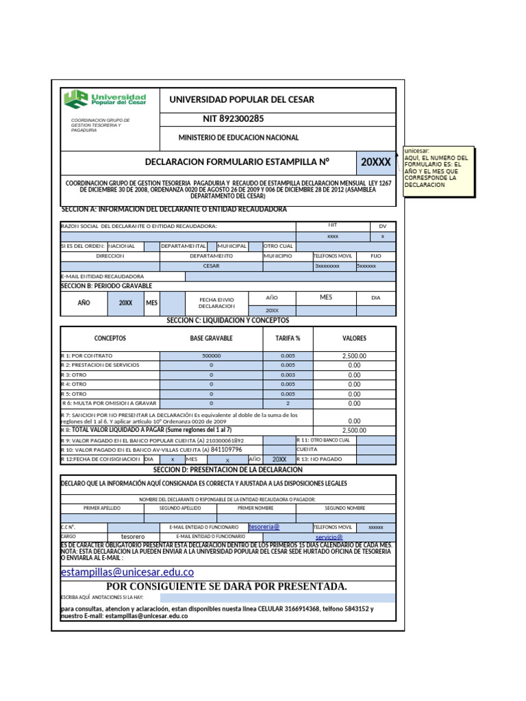 Formulario de Declaracion Mensual Estampillas Upc Modificado 3% | PDF