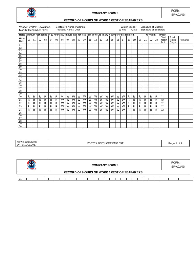Seafarer Work and Rest Hours Record | PDF